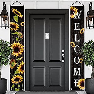 AnyDesign Sunflower Porch Sign Welcome Door Sign Summer Flower Hanging Door Banner Seasonal Floral Hanging Decoration for Front Door Farmhouse Wall Indoor Outdoor, 12 x 72 Inch