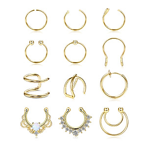 ORAZIO 12Pcs Fake Nose Rings Hoop Stainless Steel Faux Septum Piercing Clip On Nose Septum Ring Faux Non-Pierced Nose Rings Earrings Jewelry