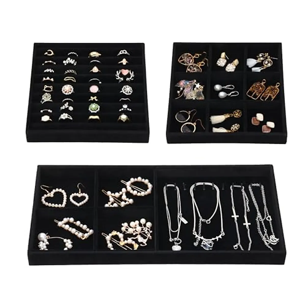 Fixwal Jewelry Tray for Drawers Set of 3, 14in Stackable Jewelry Organizer, Jewelry Storage for Earring, Necklace, Bracelet, Watch with Removable Divider, Black