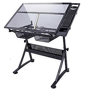 ROLTIN Drafting Tables Height Adjustable Drawing Art Table,Artists Desk Tilting Glass Tabletop Paintings Work Station with Storage Drawer,Writing Art Craft Work Station (
