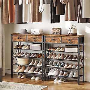 YATINEY 5 Tier Shoe Rack, Large Capacity Shoe Storage Organizer, Metal Shoe Shelf with Drawer and Wooden Top, for 16 Pairs of Shoes, for Entryway, Closet, Rustic Brown and Black SS25BR