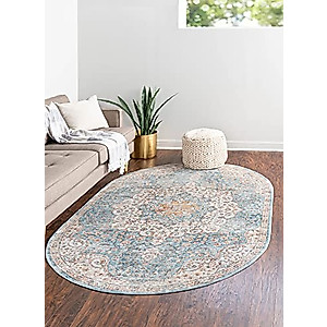 Unique Loom Newport Collection Area Rug - Elms (Oval 5' 3" x 8' 0", Blue/Ivory)