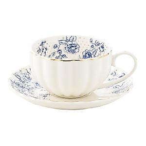 Generic Bloosnow 8oz Blue Rose Coffee Cup with Saucer,Blue Flora Porcelain Coffee Tea Cup,Gift Cappuccino Cup and Saucer, Large, HFB0002A