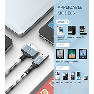 USB to 30 Pin Charging Cable 6.6ft 2-Pack, AviBrex USB Fast Charging & Sync Data Cable Nylon Braided Cord Compatible iPhone 4/4s/3G/3GS, iPad 1 2 3,iPod Touch 4 3 2 1, iPod Classic 3 2 1-Grey
