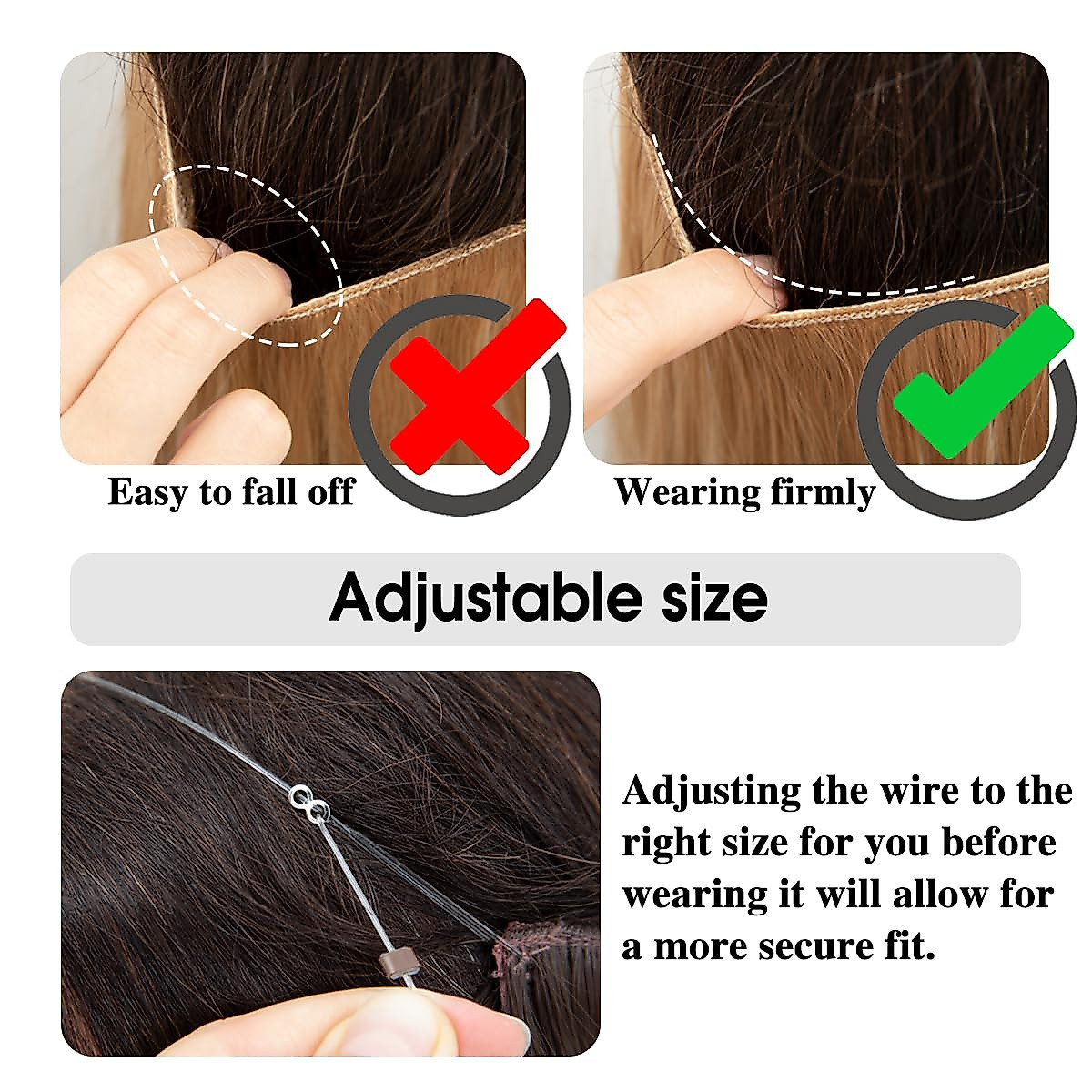 SARLA Invisible Wire Hair Extensions with 3 Clips Long Synthetic Wavy Curly Hairpiece Adjustable Transparent Headband for Women 18 Inch Black Brown