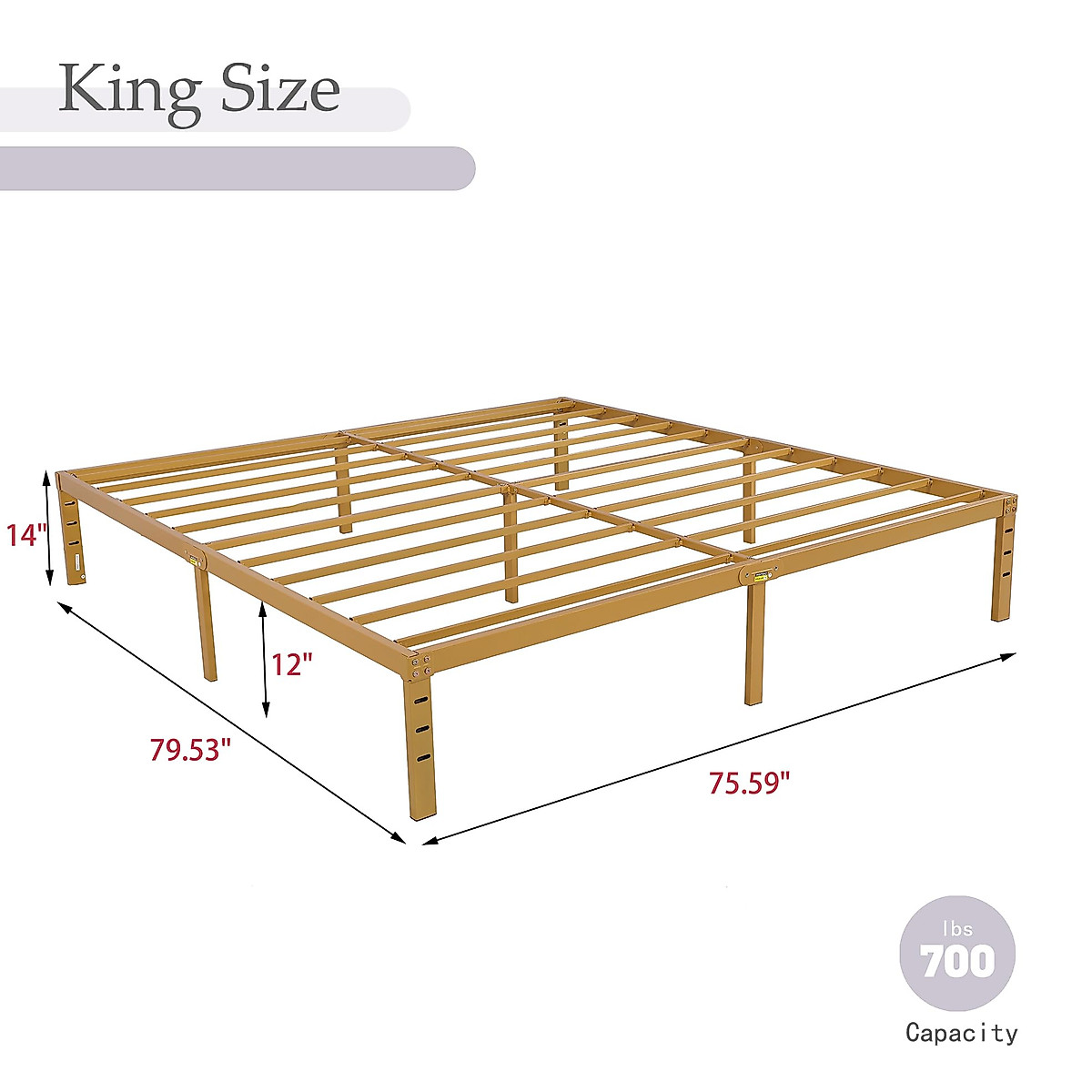 alazyhome King Size Bed Frame 14 Inch Metal Platform Bed Frame Heavy Duty Steel Slats Support No Box Spring Needed Noise-Free Easy Assembly Gold