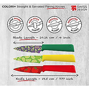 KUHN RIKON Colori+ Non-Stick Paring Knives with Safety Sheaths, Set of 3, 19 cm, Funky Fruit, Stainless Steel