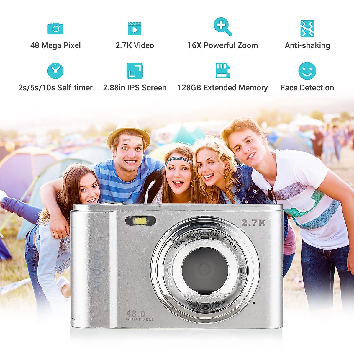 Andoer Portable Digital Camera 48MP 2.7K 2.88-inch IPS Screen 16X Zoom Auto Focus Self-Timer 128GB Extended Memory Face Detection Anti-Shaking with 2pcs Batteries Hand Strap Carry Pouch