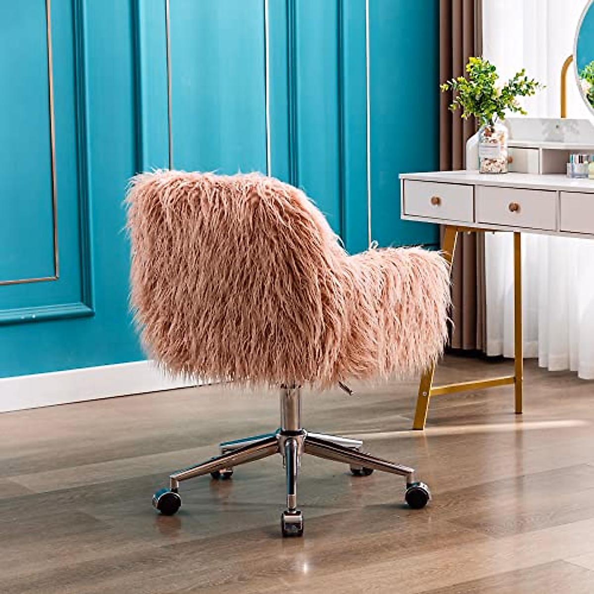 KCC Fluffy Office Desk Chair, Faux Fur Modern Swivel Armchair with Wheels, Soft Comfy Fuzzy Elegant Accent Makeup Vanity Chairs for Women Girls, Home Living Dressing Room Bedroom, Pink