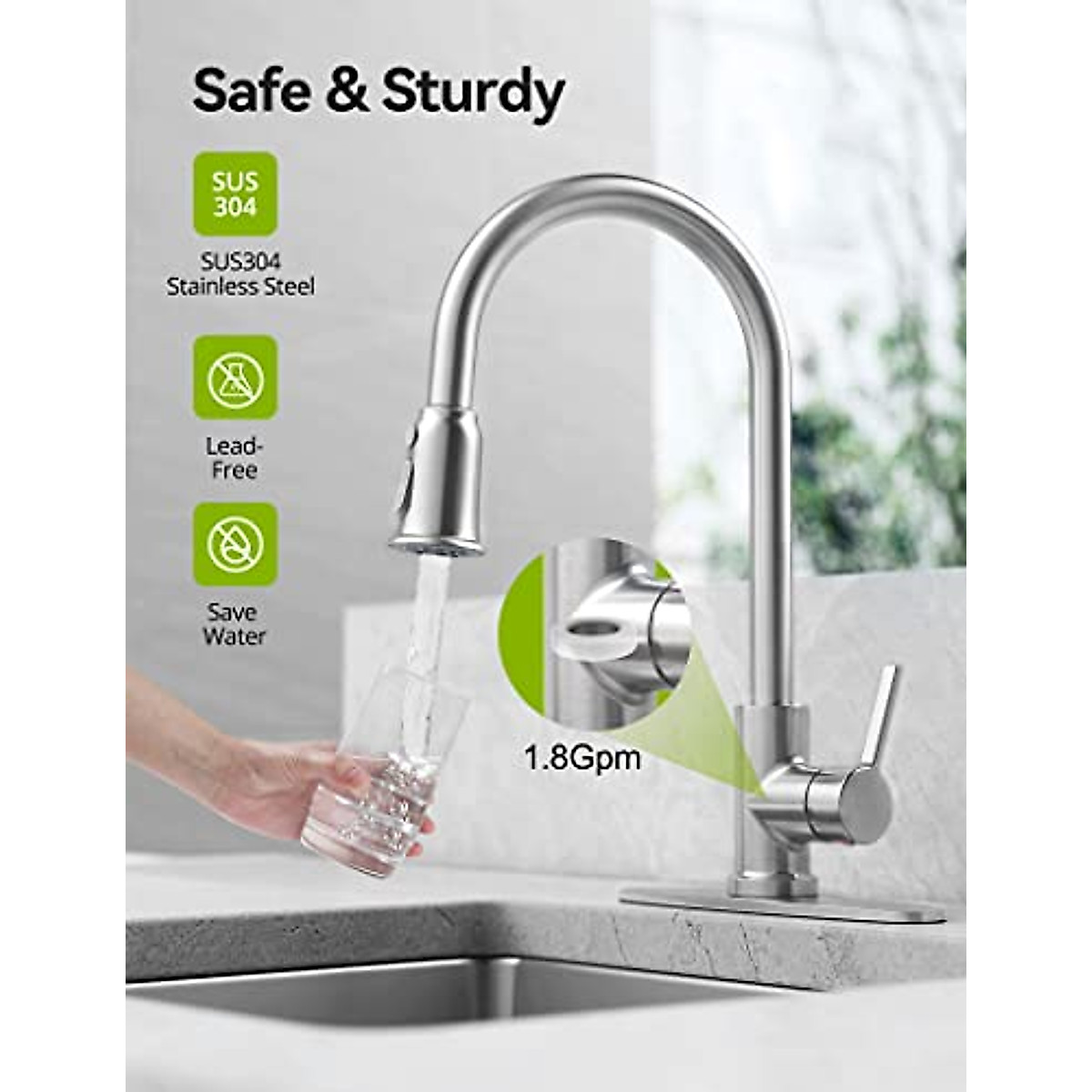 Kitchen Faucet, REXMEO Premium with 9 Min Installation Kitchen Sink Faucet with Pull Down Sprayer for Kitchen Sink, Three Mode Single-Handle High Arc Brushed Nickel Stainless Steel Faucet Space Silver