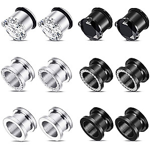 Longbeauty 12pcs Gorgeous Cubic Zirconia Tunnels 316L Stainless Steel Ear Gauges Earring Plugs for Ears Screw Fit Body Piercing Jewelry 4g-3/4