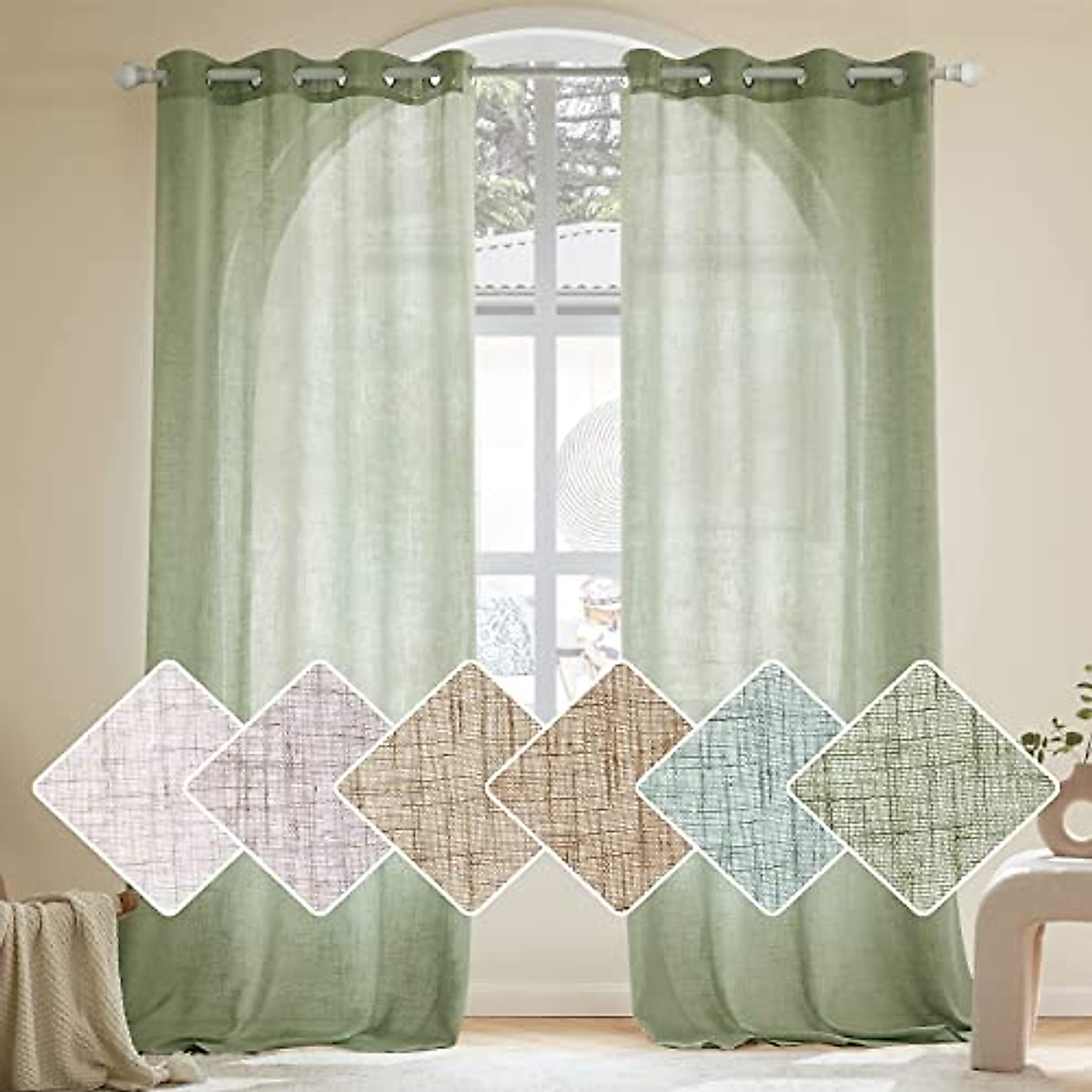 Woaboy Sage Green Semi Sheer Curtains 84 inch Length for Living Room 2 Panels Grommet Drapes Natural Linen Farmhouse Window Curtains Light Filtering and Protect Privacy 52x84 Long