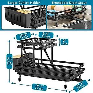 YKLSLH Dish Drying Rack, Collapsible 2 Tier Dish Racks for Kitchen Counter, Durable Dish Drainer with Utensil Holder-Kitchen Drying Rack, Black