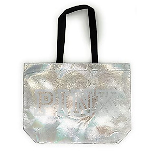Victoria's Secret PINK XL Iridescent Silver Canvas Shopper Tote Bag, 22" x 16" x 6"