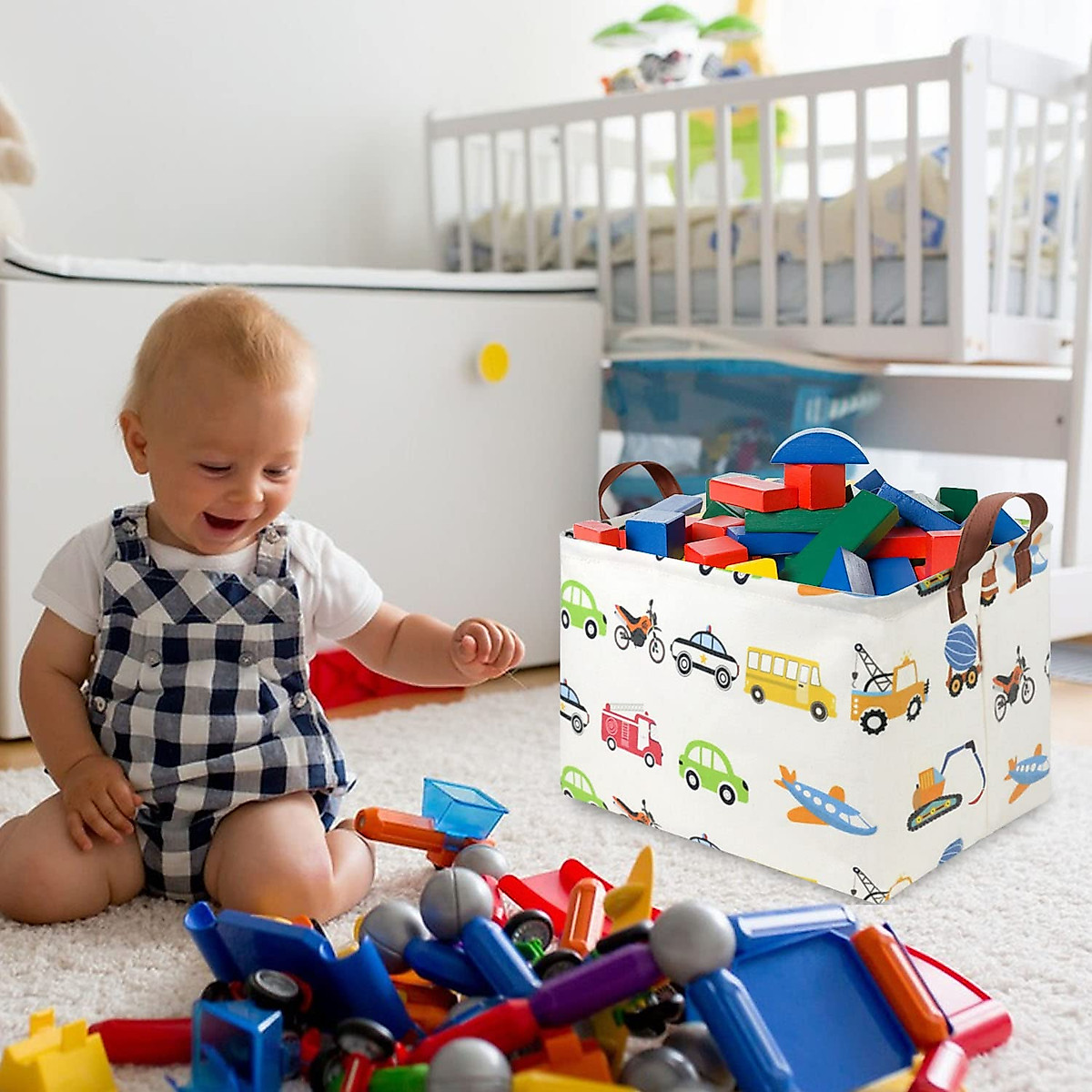 FXOLCSHE Rectangular Storage Bin,Collapsible Car Storage basket for boys,Waterproof PE Coating Storage,bedroom decor,Nursery hamper,Toy Organizer,Gift Basket(Vehicles)