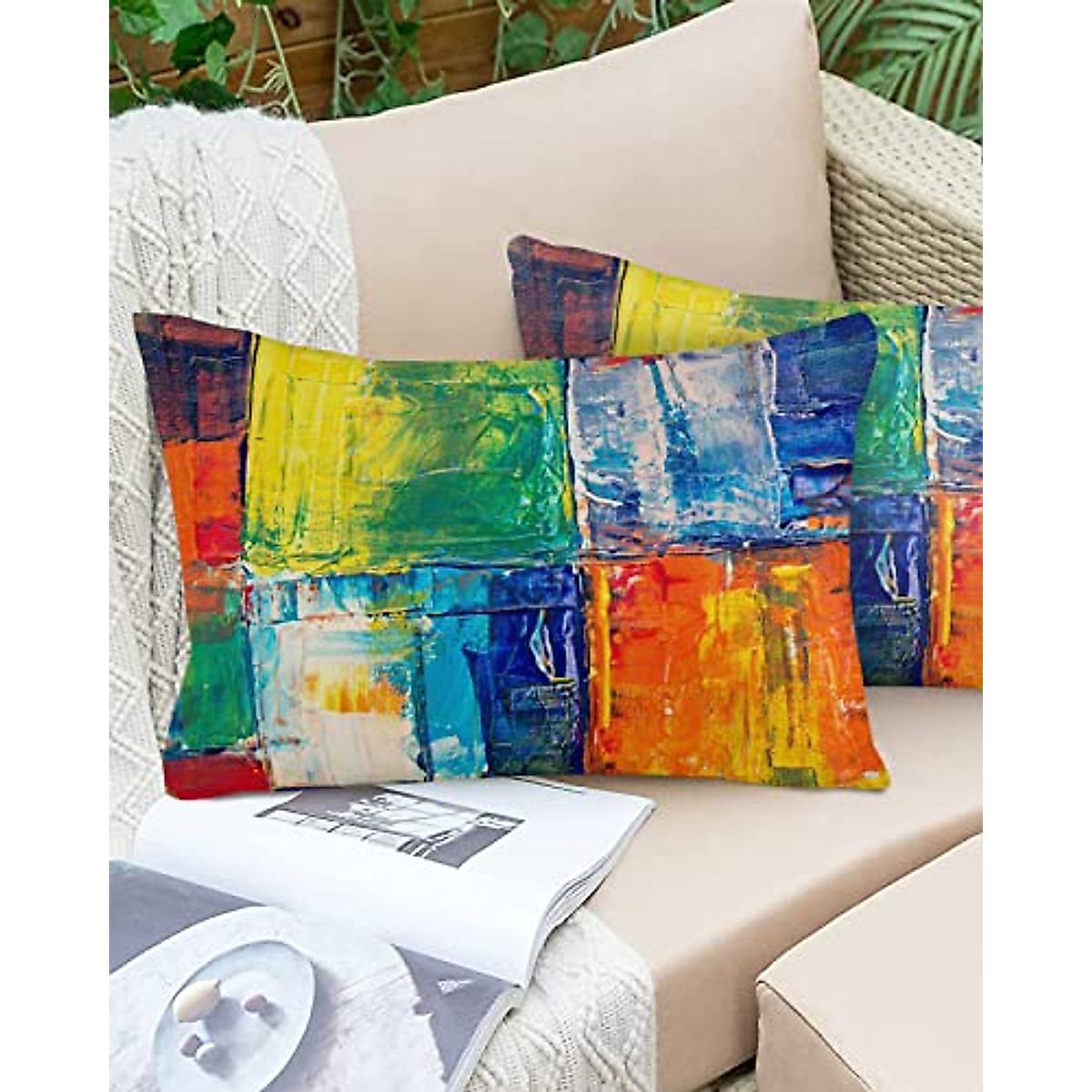 Outdoor Throw Pillow Covers, Colorful Oil Painting Outdoor Waterproof Pillowcases, Pillow Cushions for Patio Furniture Sofa Couch Chairs ( Abstract Art, 20x12inch )