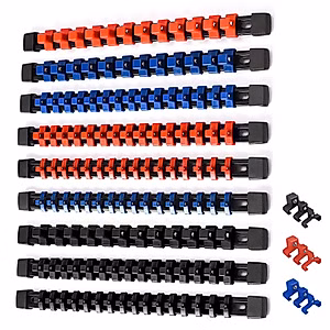 ALOANES 9PC ABS Socket Organizer, 1/2 inch, 3/8 inch and 1/4 inch Drive Socket Rail Holders, Heavy Duty Socket Racks, Black Rails with Red Blue Black Clips