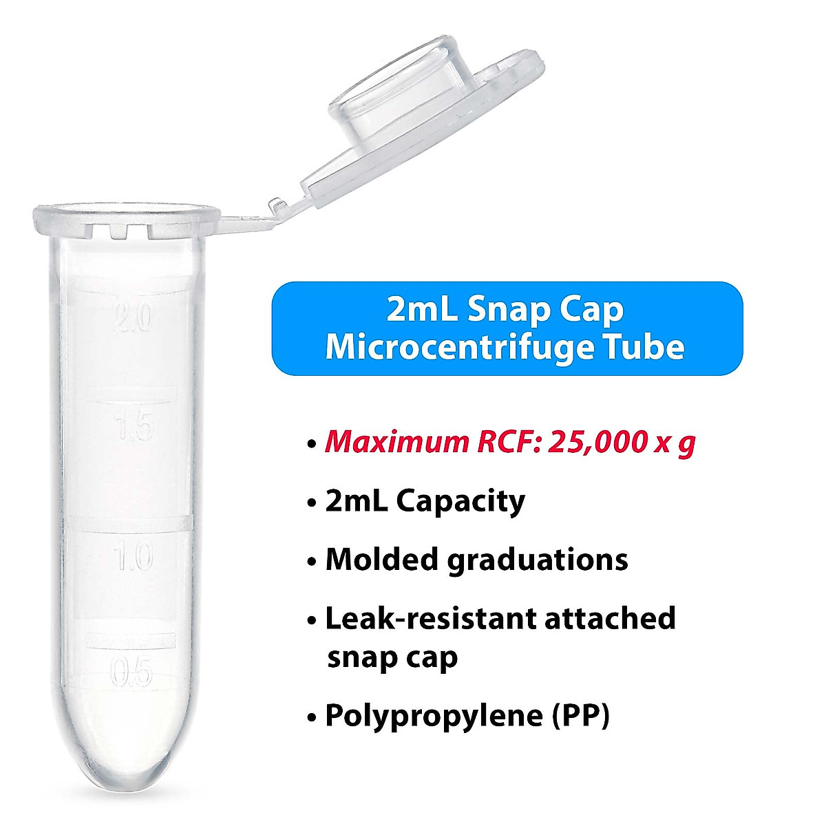 Globe Scientific 111568 Polypropylene Graduated Microcentrifuge Tube with Snap Cap, Round Bottom, Natural, 2mL Capacity, Pack of 1000