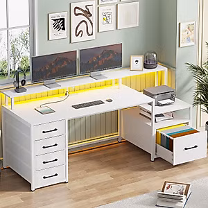 SEDETA White Computer Desk with 5 Drawer & Power Outlet, 66'' Home Office Desk with File Drawer, Storage Shelves, Printer Cabinet and Monitor Shelf, Gaming Desk with Led Lights