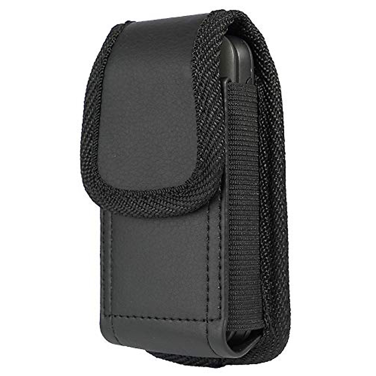 Flip Phone Case, Nakedcellphone Black Vegan Leather Vertical Pouch [with Belt Loop, Metal Clip, Magnetic Closure] for Alcatel Go Flip V, MyFlip, TCL Flip Pro Classic, Cingular Flip 4, Nokia 2720 2760