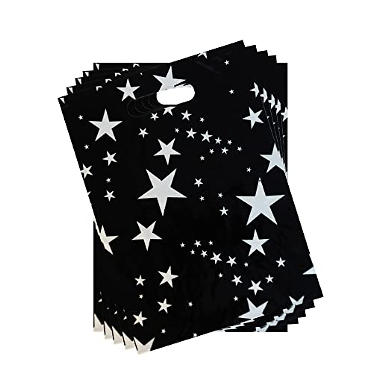 InfinitePack Large 9"x12"(100pcs) Silver Stars Printed on Black Thank You Merchandise Bags , Die Cut Handles, Retail Shopping Bags for Boutique, Goodie Bags, Gift Bags Bulk, 9"x12",100 Pack