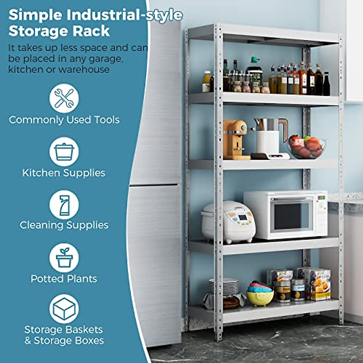 Giantex 4 Pcs 5-Tier Storage Shelves, 39 x 16 x 77 Inch Adjustable Steel Storage Rack with Foot Pads, 2866 LBS Load Capacity,Bolt-Free Installation Hevy Duty Garage Shelving for Warehouse, Silver