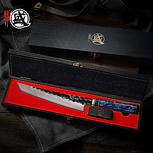 MITSUMOTO SAKARI 8 inch Japanese Kiritsuke Chef Knife, Hand Forged VG-10 Damascus Kitchen Knife, Professional Meat Sushi Chef’s Knife (Blue Resin Handle & Sandalwood Box)