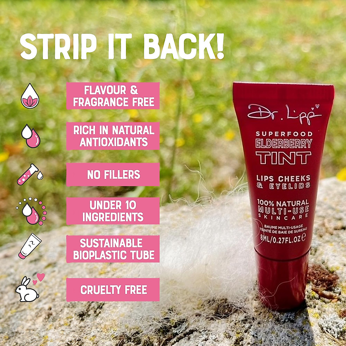 Dr. Lipp Superfood Lip Tint Elderberry 8ml – 4-in-ONE Ultra Moisturising Tinted Lip Balm, Lip Gloss, Cheek Blush & Glossy Eyeshadow – 100% Natural – Fragrance & Cruelty Free