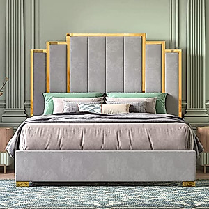 HOWE Queen Size Bed Frame and 61" Headboard, Upholstered Bed with Golden Plating Trim, Modern Platform Bed No Box Spring Needed, Light Grey