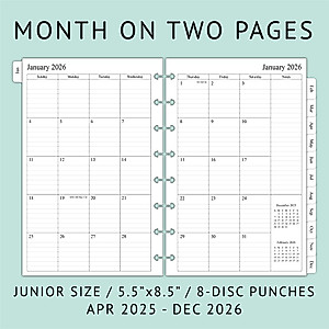 2023 Monthly Planner Refill for 8-Disc Junior Size Discbound Notebooks, Two Pages Per Month, 5-1/2" x 8-1/2"