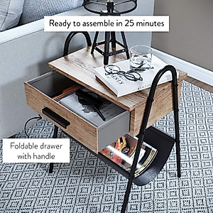 Nathan James Hugo Wood Nightstand, Rustic Accent End or Side Table with Drawer, Durable Black Metal Frame & Leather Hammock, Brown