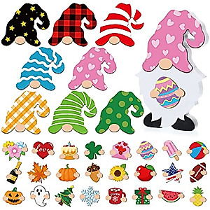 Qunclay Interchangeable Easter Wooden Gnome Decor Holiday Seasonal Tiered Tray Decoration with 24 Magnet Swappable Pieces and 8 Detachable Hats Gnome Changeable Welcome Sign for Home