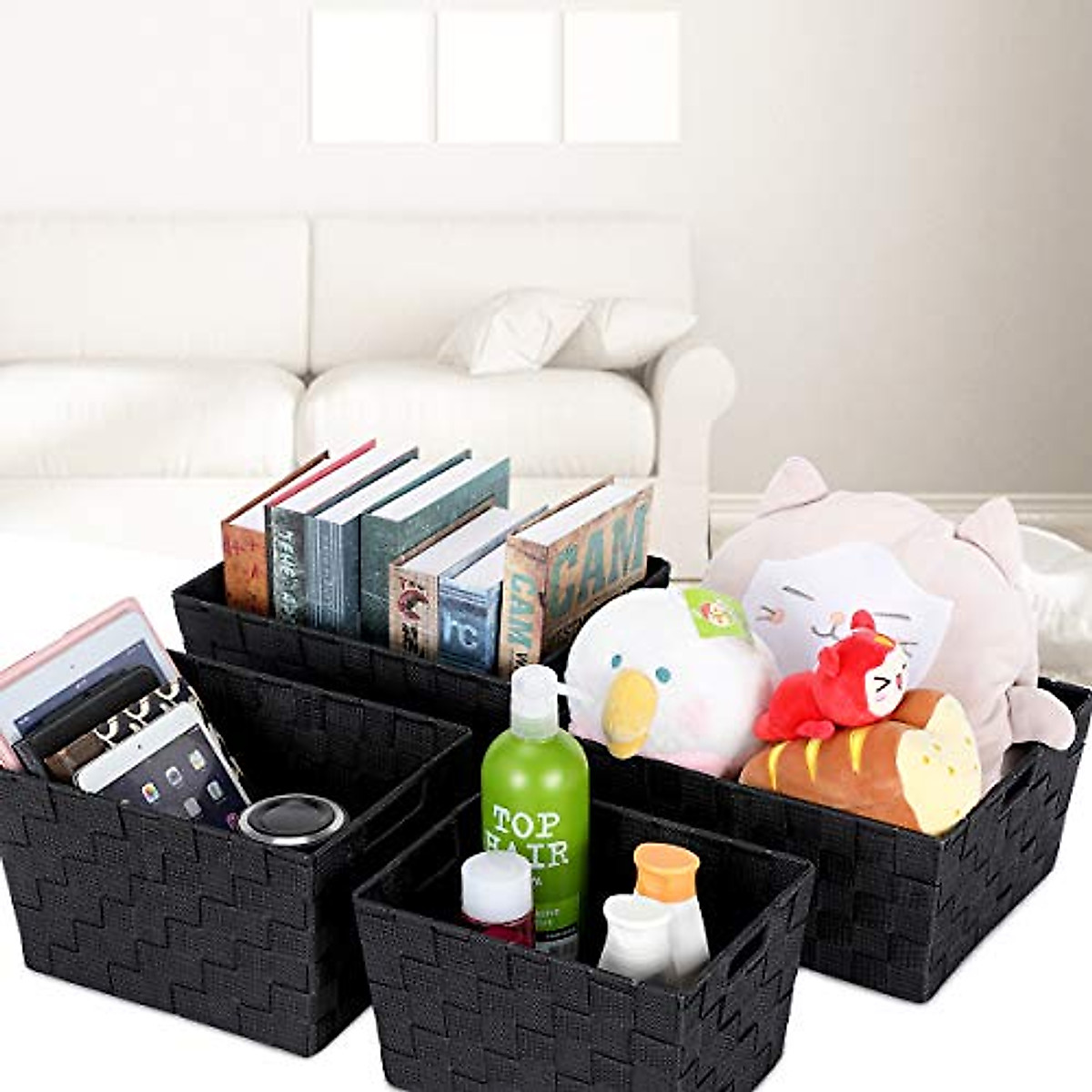 LEAVINSKY Woven Storage Box, Woven Strap Storage Basket Bin Container, Stackable Storage Basket, Woven Strap Shelf Organizer, Nylon Storage Basket for Closet, Office, 4 Pack, Black