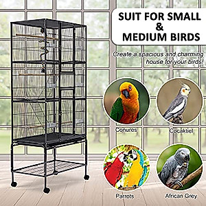 Kinpaw Large Flight Bird Cage - 70” Wrought Iron Bird House with Climbing Rope Bungee Birds Toy Rolling Stand Castors Feeding Bowl for Parrot Cockatiel Finch Pet Supplies Black…