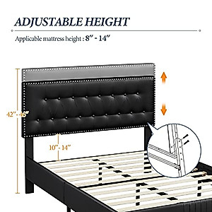 Yaheetech Full Bed Frame Faux Leather Upholstered Platform Bed with Height-Adjustable Headboard, Button Tufting & Nailhead Trim/Noise-Free/Wood Slats Support/No Box Spring Needed, Black Full Bed