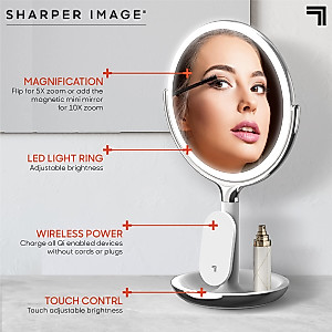 Sharper Image® SpaStudio™ 8” Vanity Mirror - Wireless Qi Charging Pad, Dimmable LED Halo Light Ring, 10X & 5X Magnification, Cosmetic Makeup Skincare Essential, Aesthetic Room Desk Decor Storage