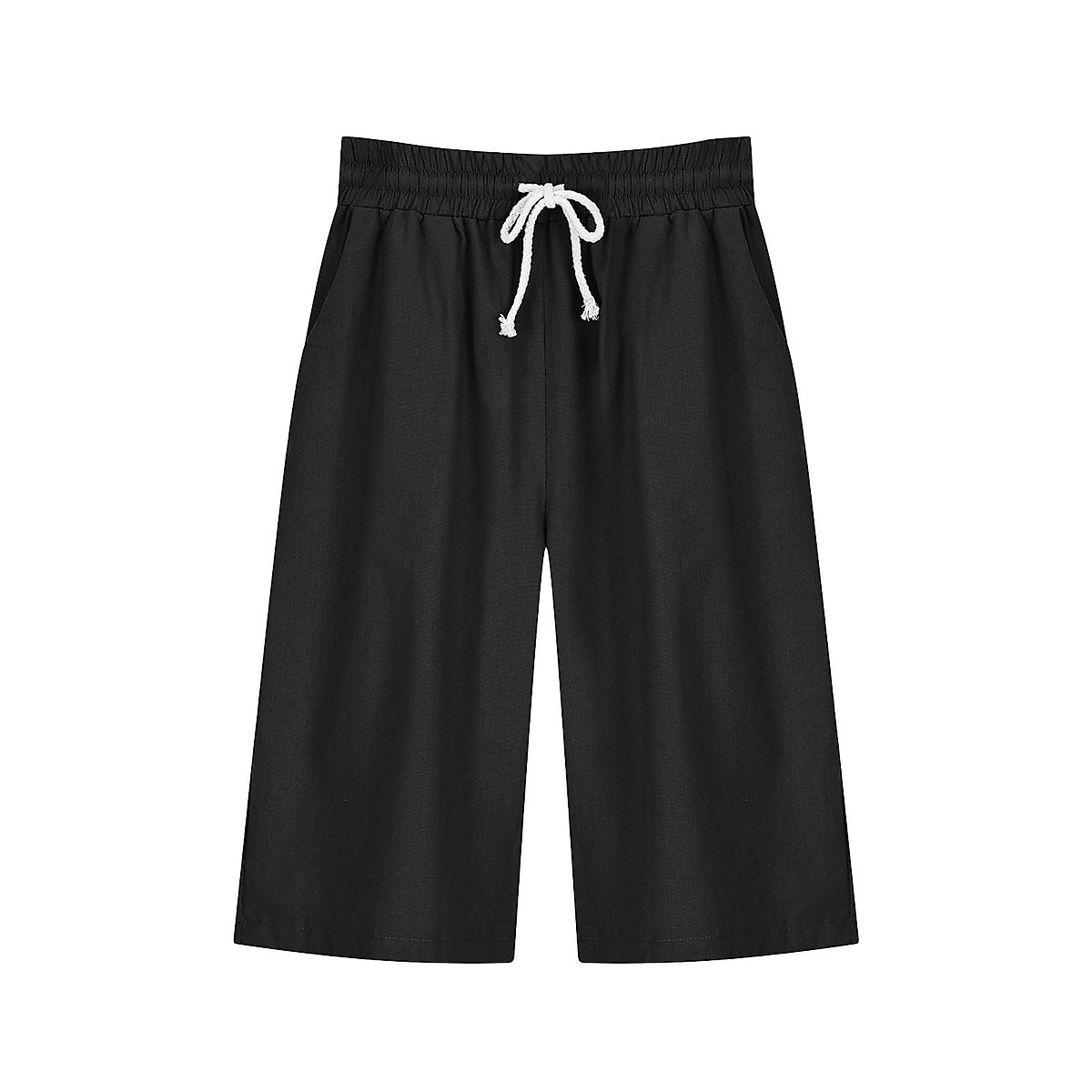 SMIDOW Jean Shorts with Rhinestone Fringe Shorts for Women Bermuda Cotton Linen Knee Length Drawstring Pocket Shorts Pants Solid Long Shorts Below The Knee Black XL