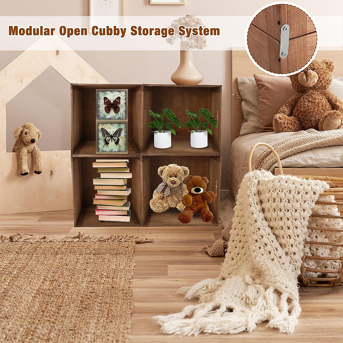 Menkxi 4 Pcs Stackable Wood Storage Cube for Shelves Closet Wooden Bins Box Wood Crates Storage Baskets Container for Toy Books Clothes Home Office, Dark Brown(14 x 14 x 10 Inch)