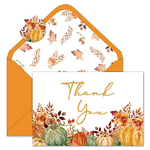 Whaline 24 Pack Fall Thank You Cards Bulk Watercolor Orange Green Pumpkin Greeting Cards with Envelopes Stickers Blank Note Cards for Autumn Party Supplies, 4 x 6 Inch