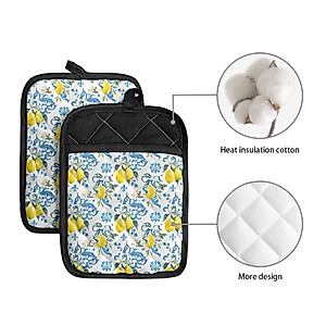 Jndtueit Lemon Non Slip Heat Resistant Hot Pot Holder 2Set, Yellow Fruit Quilted Liner 9.6*7.4 Inches with Hanging Loop with Pocket, Blue Leaf Potholder for Cooking & Baking
