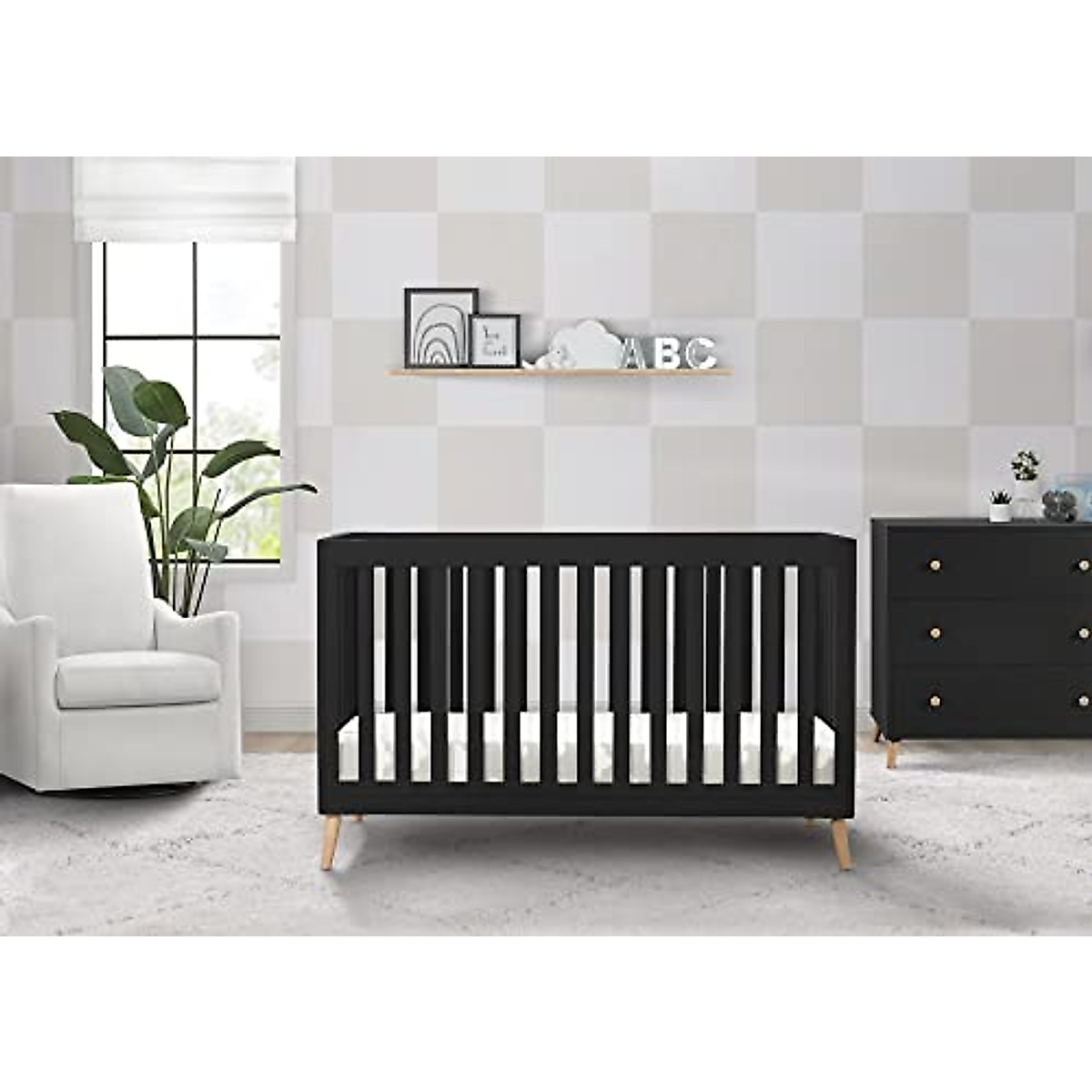 Delta Children Essex 4-in-1 Convertible Baby Crib, Ebony with Natural Legs Twinkle Galaxy Dual Sided Recycled Fiber Core Crib and Toddler Mattress (Bundle)