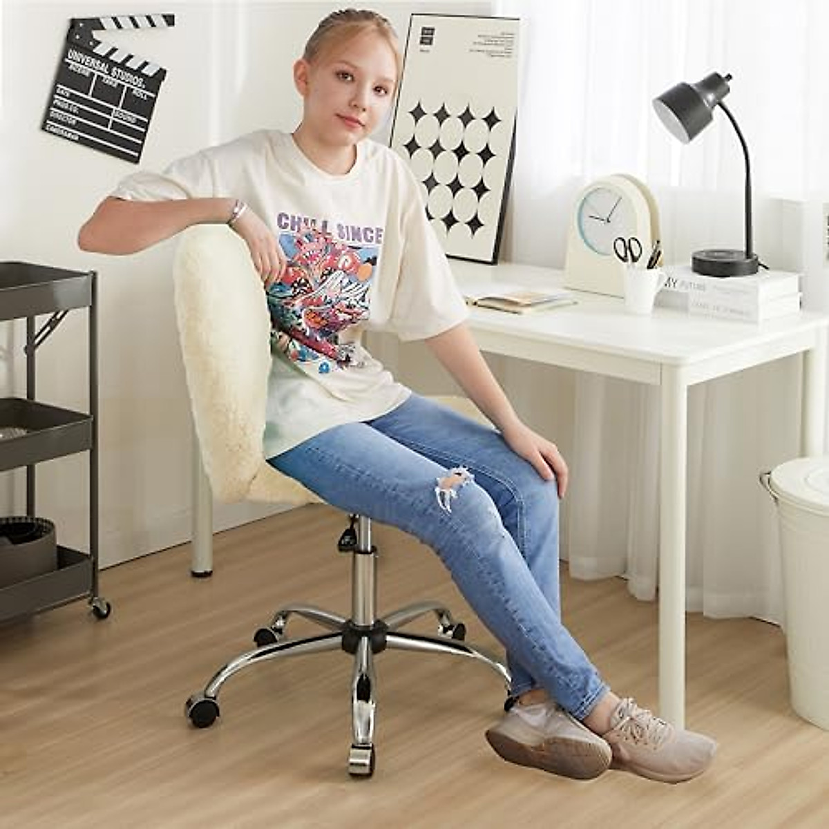 Urban Lifestyle Mongolian Faux Fur Task Chair, Adjustable, 28D x 19W x 34H in For Office, Ivory