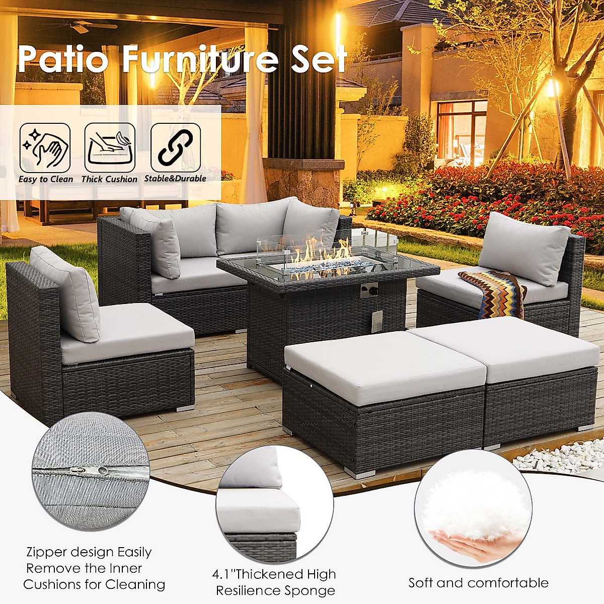 RADIATA PE Wicker Patio Furniture Set Sectional High Back Large Size Sofa Sets with Propane Fire Pit Table 55000 BTU Balcony Rattan Lounge Conversation Sets for Outdoor (7 Pieces,Light Gray)