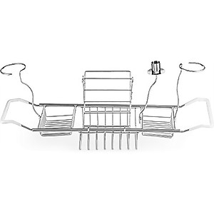 Bathtub Tray Caddy Stainless Steel - Bath Tub Caddy Rack & Organizer with Stand for Book, iPad or Phone - Candle Holder - 2 Wine Holders