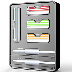 CiWiVOKi Storage Bag Organizer for Kitchen Drawer, Foil and plastic Wrap Organizer with Cutter, Plastic Kitchen Organizers and Storage for Sandwich Gallon Quart Snack Bags, 12" Aluminum Foil, Grey