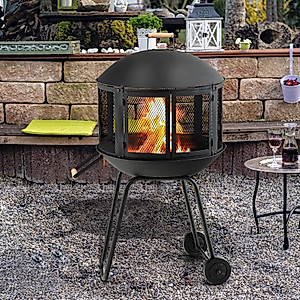 ORALNER Portable Fire Pit on Wheels, 27” Outdoor Wood Burning Firepit Cage w/Spark Screen Cover, Log Grate, Fire Poker, Steel Patio Firepit w/BBQ Grill for Outside Camping, Picnic, Backyard Bonfire