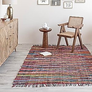 HOMEMONDE Reversible Handmade Chindi Rug Boho 20x32 Inch 100% Recycled Material Farmhouse Braided Rag Rug with Colorful Tassels for Living Room, Bedroom, Kitchen, Doormats