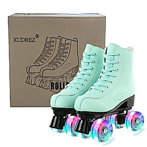 XUDREZ Roller Skates for Women Cozy Green PU Leather High-top Roller Skates for Beginner, Professional Indoor Outdoor Double-Row Roller Skates with Shoes Bag (Flash Wheel,37)
