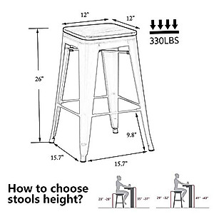 Alunaune 26" Metal Bar Stools Set of 4 Industrial Backless Counter Height Barstools Stackable Kitchen Patio Stool Wood Top-White