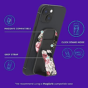CLCKR Compact Mobile Cell Phone Grip Holder Compatible with MagSafe iPhone 15, 14 Series, Removable Magnetic Phone Kickstand with Finger Strap, 3500G Strength Magnet for Extra Strong Mount, Blossom